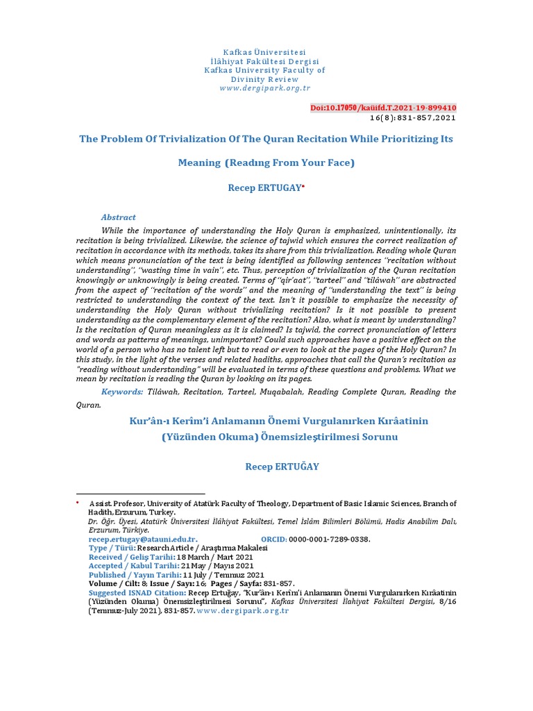 The Problem of Trivialization of The Quran Recitation While Prioritizing Its Meaning (Readıng ...