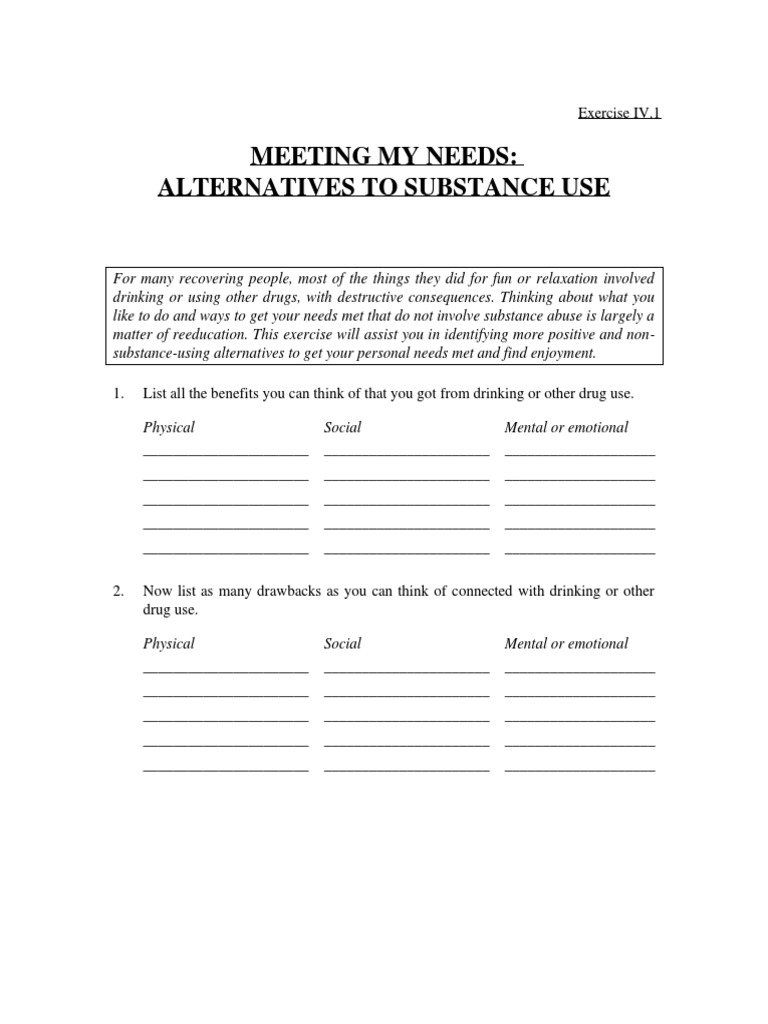 Alternatives To Use Worksheet | PDF | Substance Abuse | Mental Health