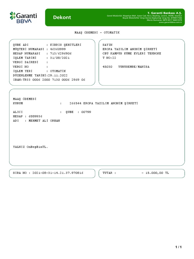 Dekont: T. Garanti Bankası A.Ş | PDF
