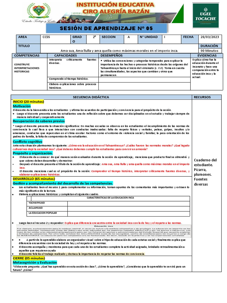 Sesión de Aprendizaje 5 CCss 2°A 28-03-23 | PDF | Maestros | Imperio Inca
