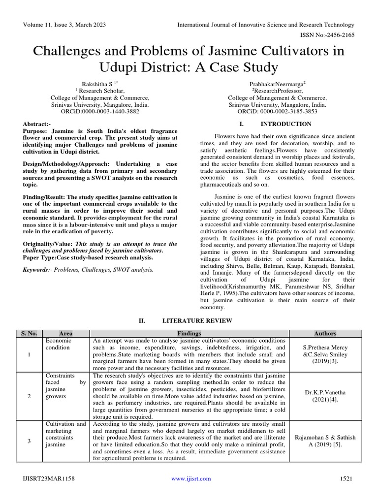 Challenges and Problems of Jasmine Cultivators in Udupi District A Case ...