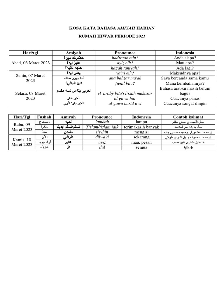 Kosa Kata Bahasa Amiyah Harian | PDF