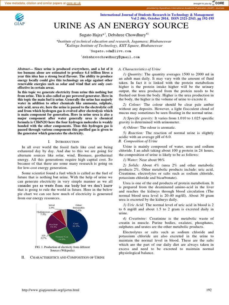 Generating Electricity from Urine: A Review of Using Urine Electrolysis ...