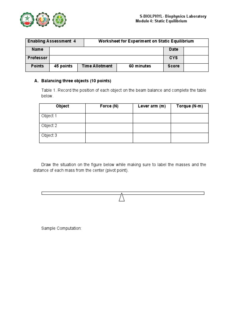 Enabling Assessment - Worksheet On Static Equilibrium | PDF | Torque ...