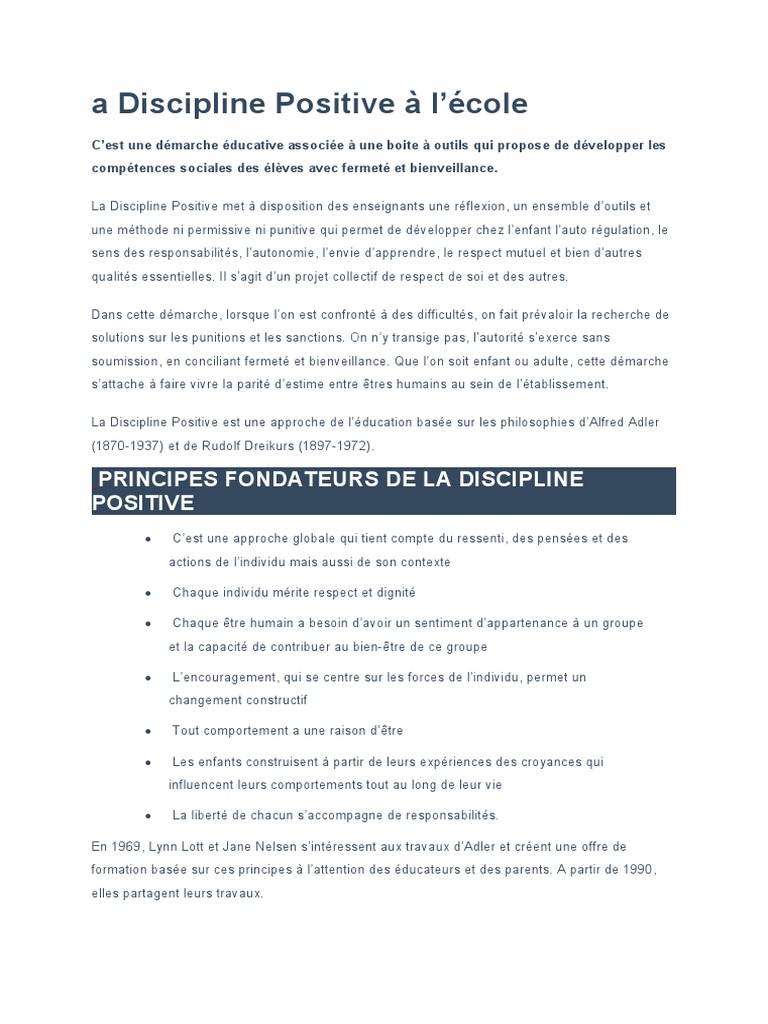 Discipline Positive à l'École : Respect et Autonomie | PDF