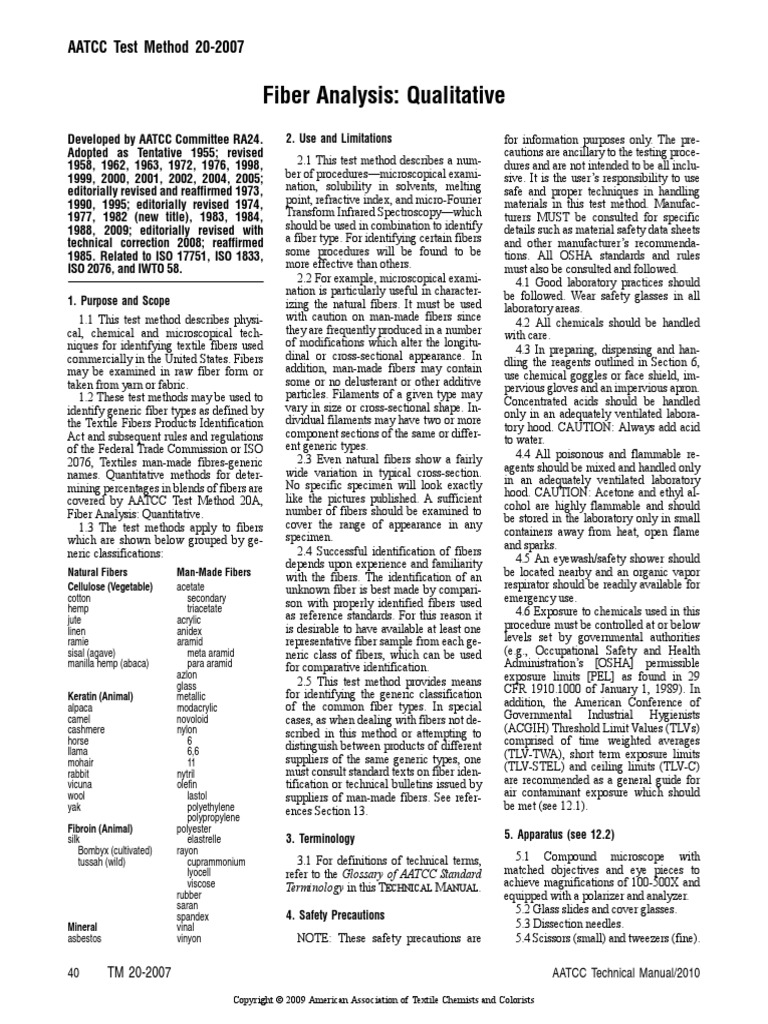 Fiber Analysis: Qualitative: AATCC Test Method 20-2007 | PDF | Textiles ...