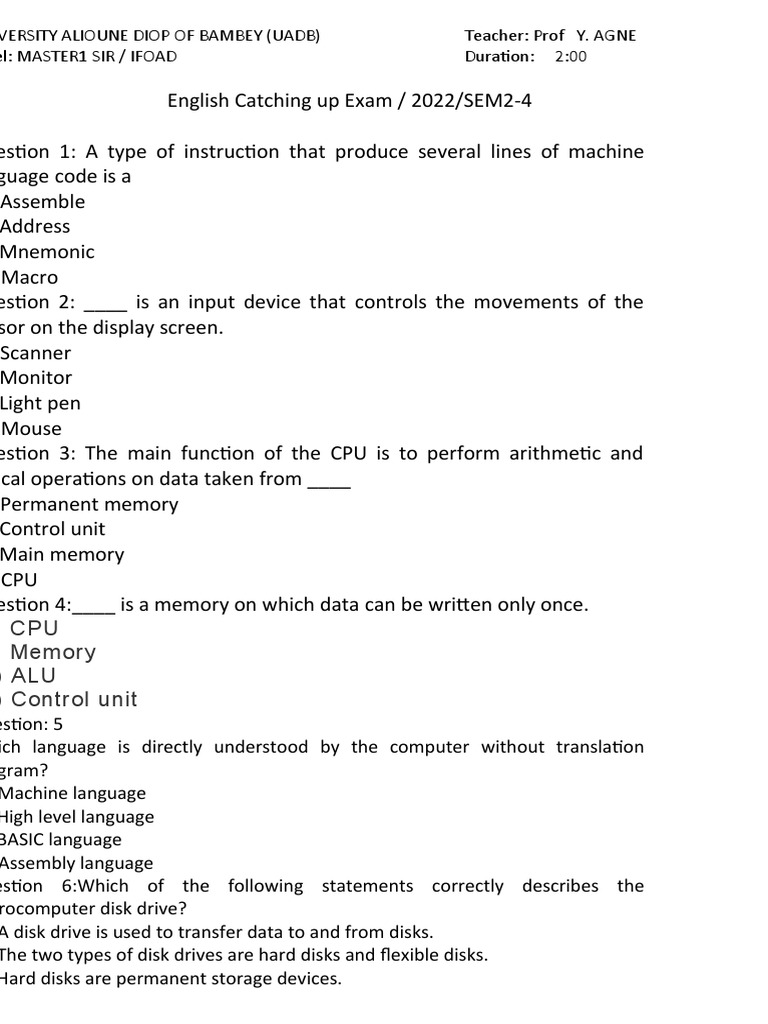 (A) Cpu (B) Memory (C) Alu (D) Control Unit | PDF | Central Processing Unit | Computer Data Storage