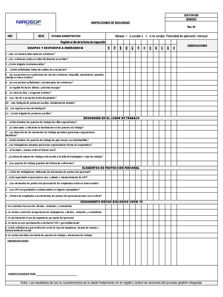 SGI-FOR-009 Rev. 00 FORMATO INSPECCIONES DE SEGURIDAD Listo | PDF