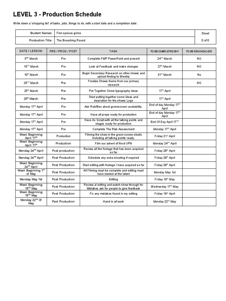 Level 3 - Production Schedule Blank | PDF