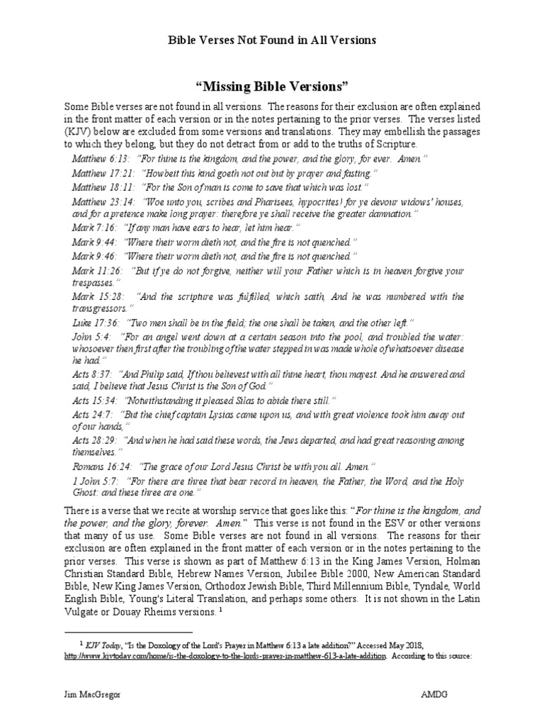 Bible Verses Not Found in All Versions | PDF | King James Version ...