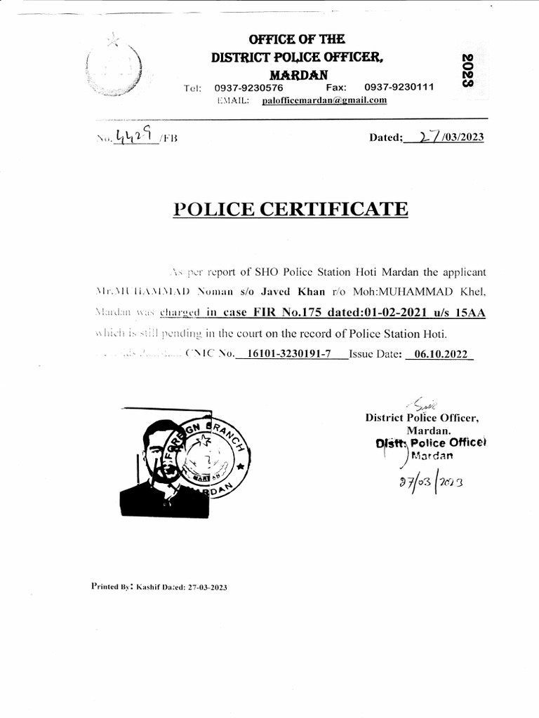 Mardan Police Clearance Certificate | PDF