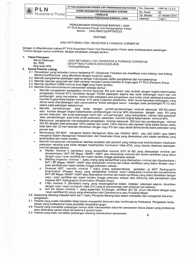 Lelang Pekerjaan Jasa Retubing Ltsh Reheater And Furnace Corner 2 Paiton Pdf
