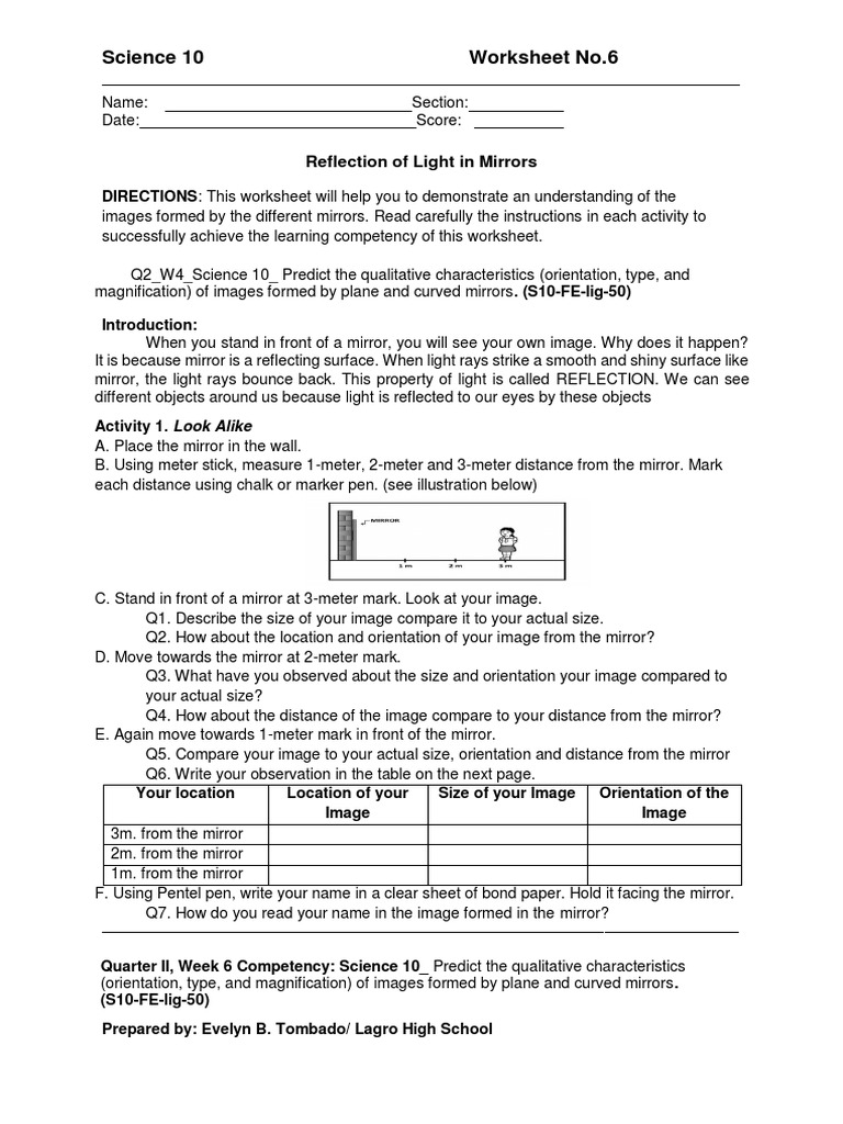 SCIENCE10 - Q2 - Worksheet No 6 - Reflection of Light in A Mirrors ...