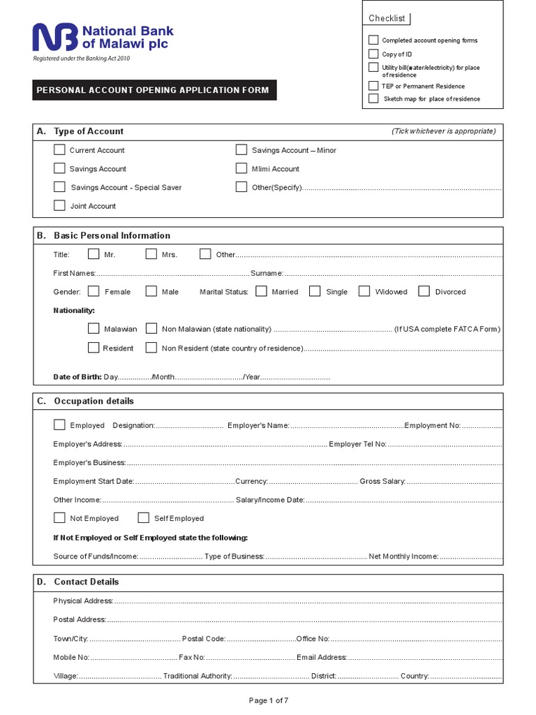 National Bank of Malawi Account Form | PDF | Overdraft | Cheque