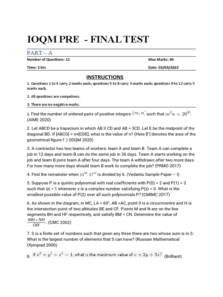 Ioqm Pre Final Test | PDF