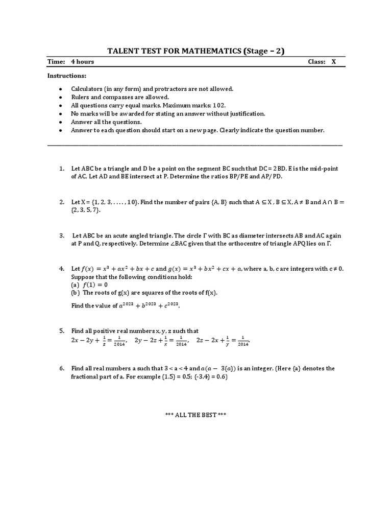 Talent Test For Mathematics Stage - 2 | PDF