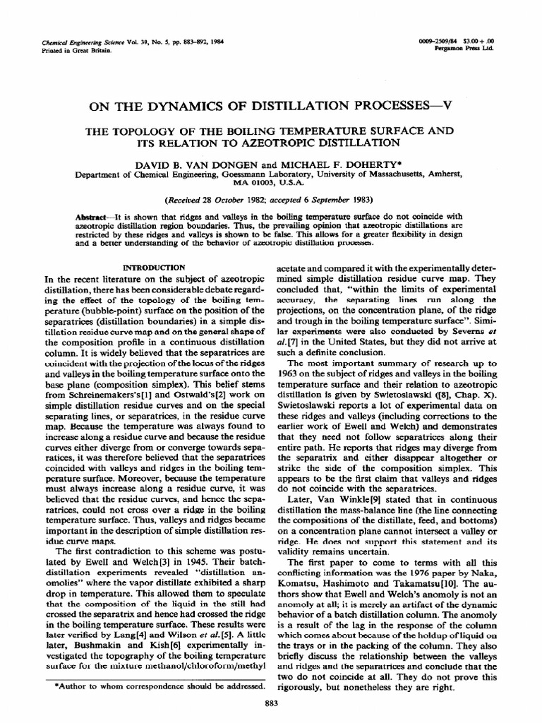 Van Dongen, D. B., & Doherty, M. F. (1984) - On The Dynamics of Distillation Processes-V ...