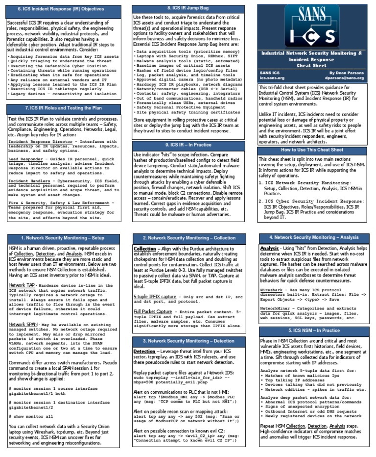 FINAL CHEAT SHEET Industrial Network Security Monitoring Incident ...