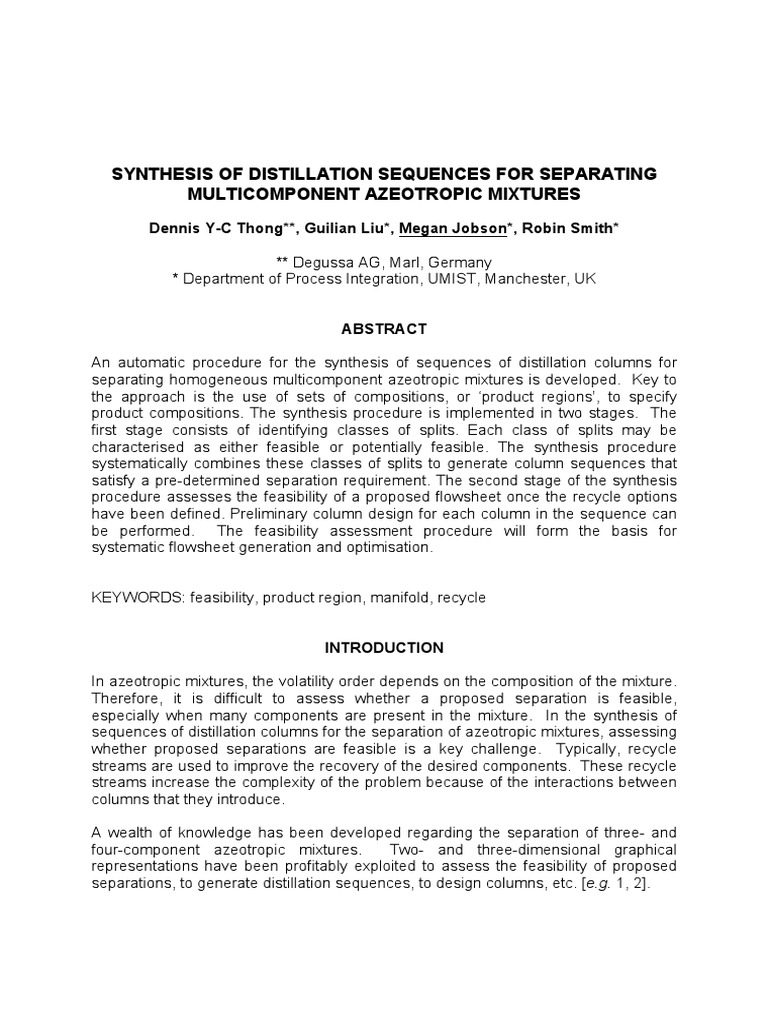 Synthesis Of Distillation Sequences For Separating Multicomponent Azeotropic Mixtures Pdf