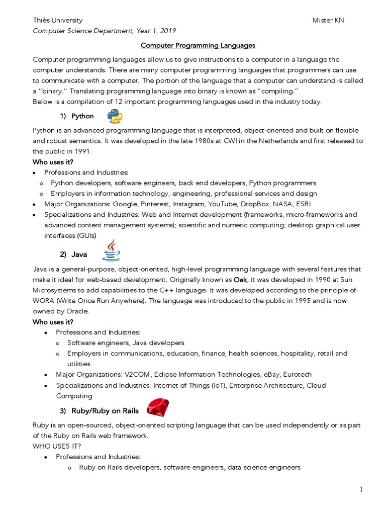 Computer Programming Languages | PDF | World Wide Web | Internet & Web