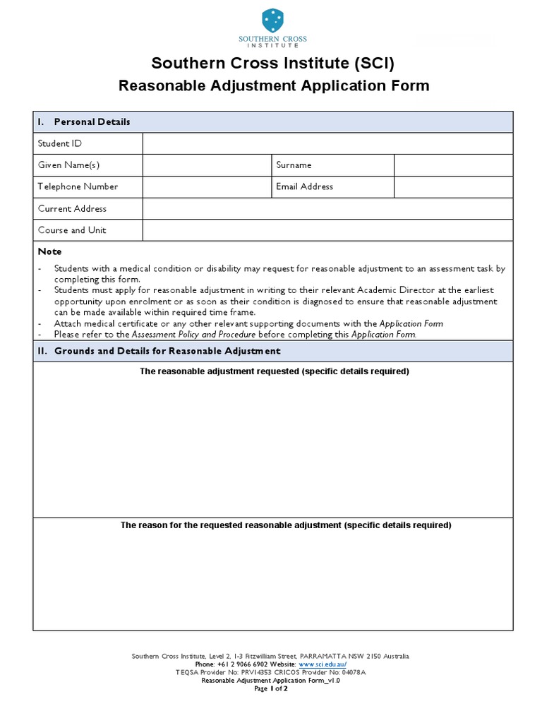Reasonable Adjustment Application Form - v1.0 - 1 | PDF