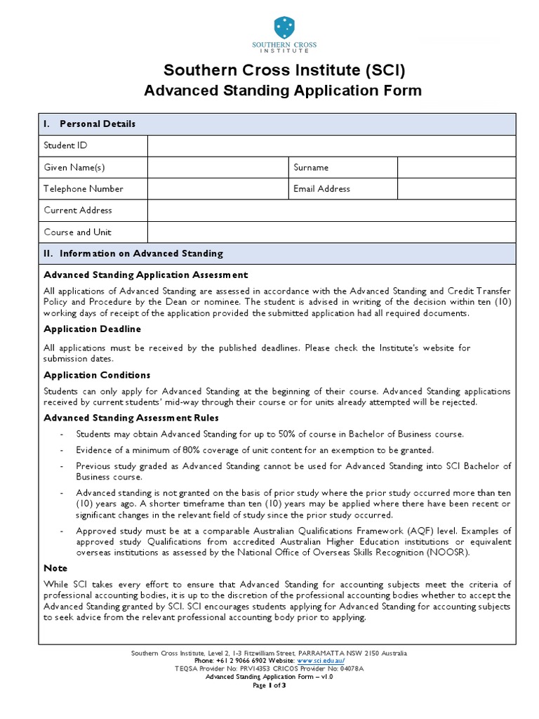 Advanced Standing Application Form - v1.0 - Updated | PDF