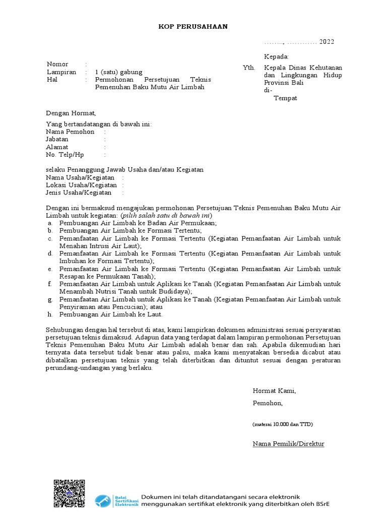 Surat Permohonan Pertek Air Limbah - 2 | PDF