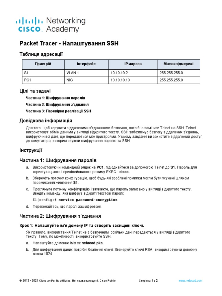 1 3 6 Packet Tracer Configure Ssh Uk Ua Pdf