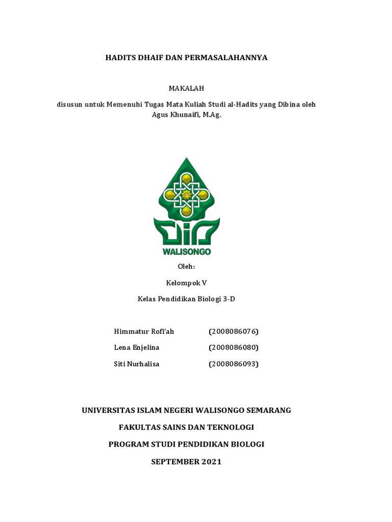 Makalah Hadits Dhaif - Kelompok V (PB-3D) | PDF | Agama & Spiritualitas