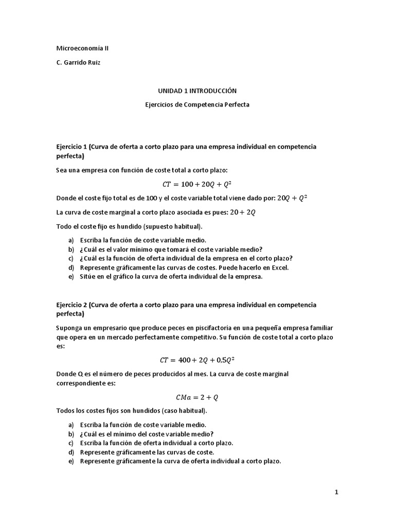 Micro II 20222023 U1 T2 Ejercicios Repaso Competencia Perfecta | PDF | Mercado (economía ...
