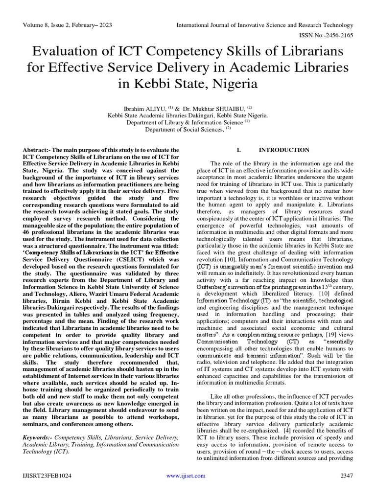 Evaluation of ICT Competency Skills of Librarians For Effective Service ...