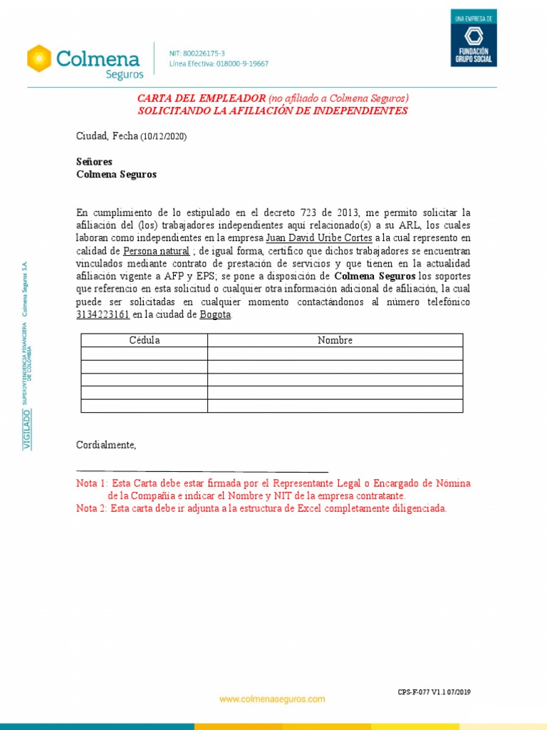 Solicitud de Afiliación ARL Colmena | PDF | Negocios | Derecho