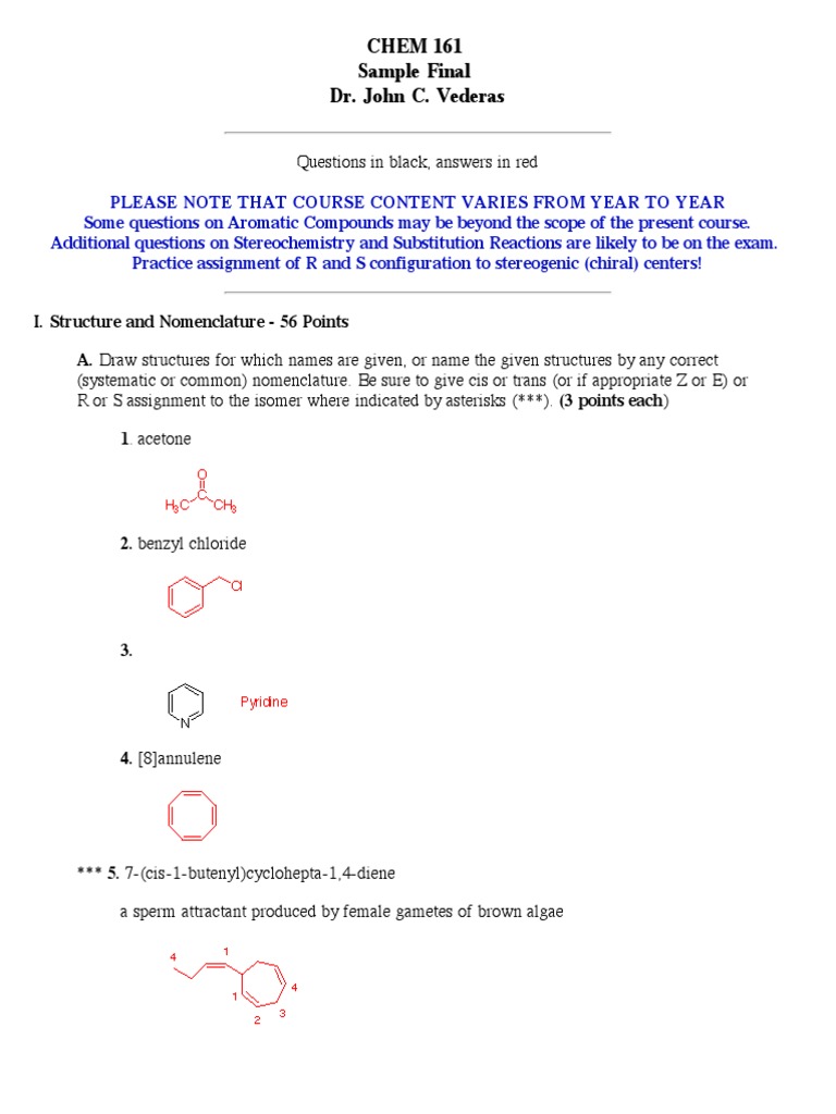 Sample Chemistry Final Exam Covering Organic Structure, Nomenclature ...