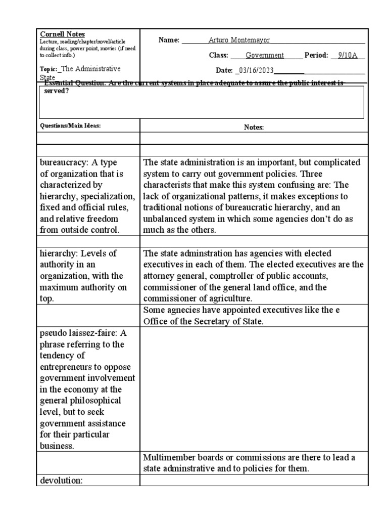 Chapter 8 Cornell Notes Lined Template | PDF | Bureaucracy | Government