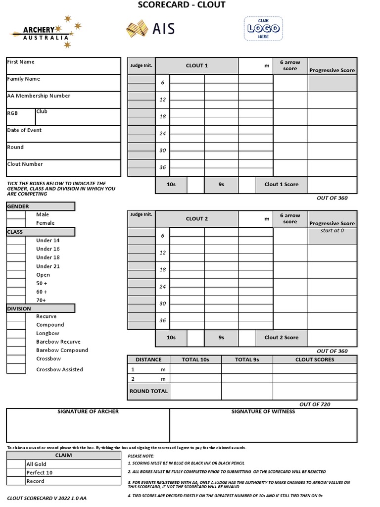 Clout Scorecard for Archery Events | PDF | Projectile Weapons | Hunting