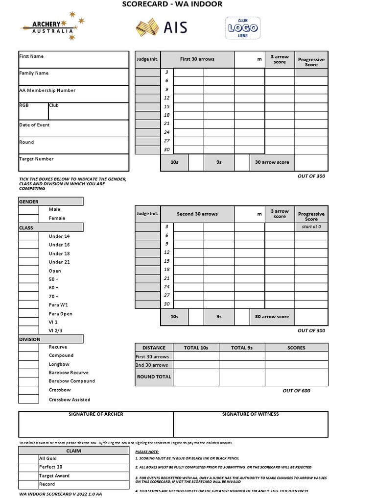 WA Indoor Scorecard V 2022 1.0 AA | Download Free PDF | Projectile ...