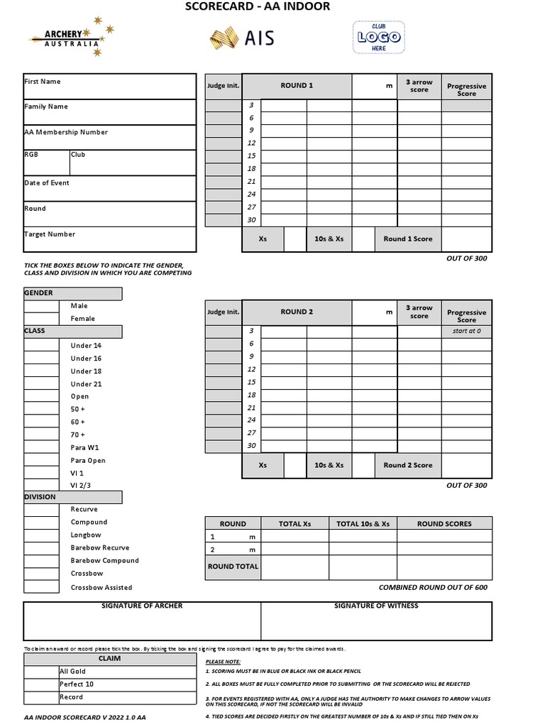 AA Indoor Archery Scorecard 2022 | PDF | Scoutcraft | Precision Sports