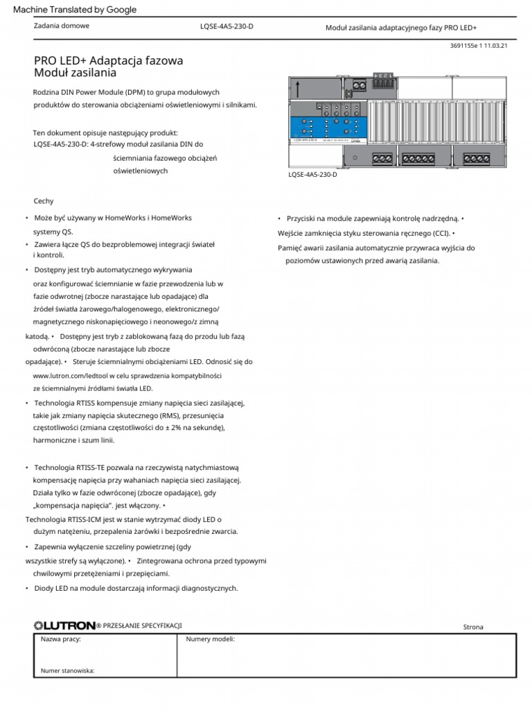 PRO LED+ Adaptacja Fazowa Moduł Zasilania: LQSE-4A5-230-D | PDF