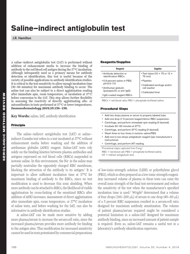 Saline-Indirect Antiglobulin Test: Reagents/Supplies | PDF | Clinical ...