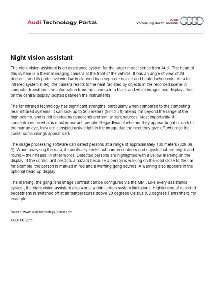 Audi Night Vision Assistant Overview | PDF