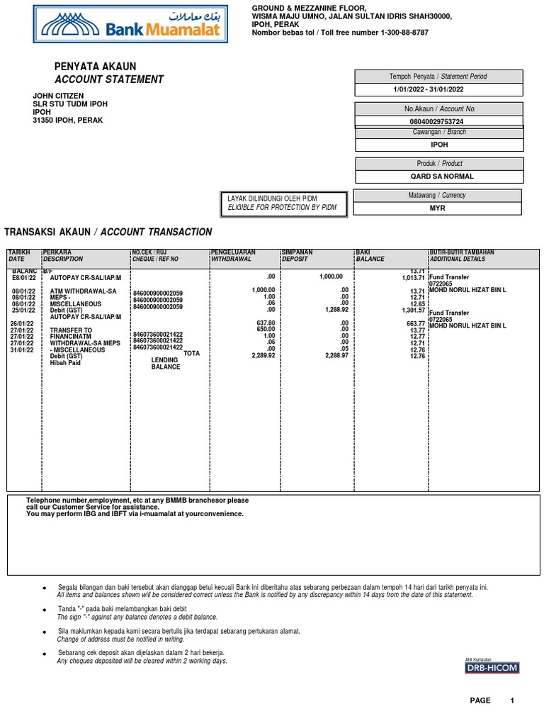 Malaysia Meamulat Bank Statement | PDF | Debit Card | Financial Services