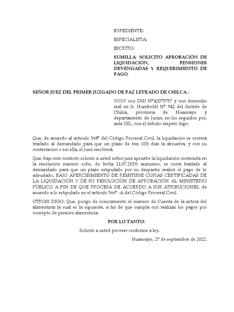 Aprobación de Liquidación, Pensiones Devengadas y Requerimiento de Pago. | PDF