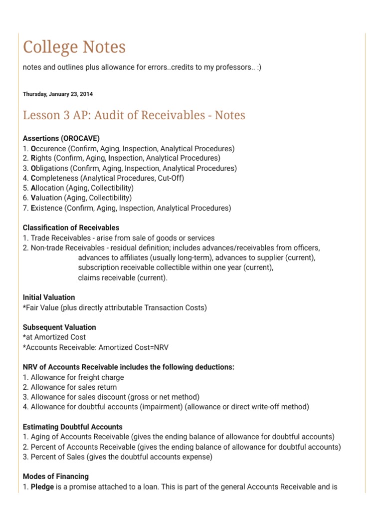 College Notes - Lesson 3 AP - Audit of Receivables - Notes | PDF