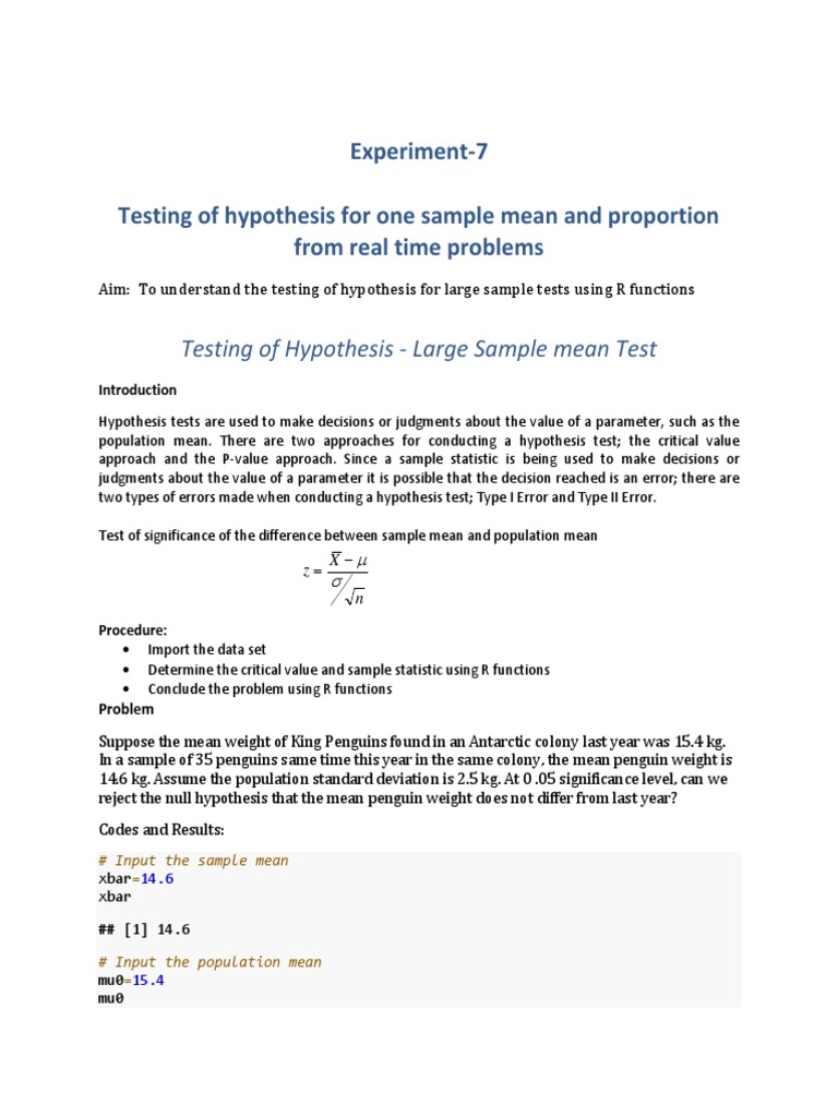 Experiment-7 Testing of Hypothesis For One Sample Mean and Proportion ...