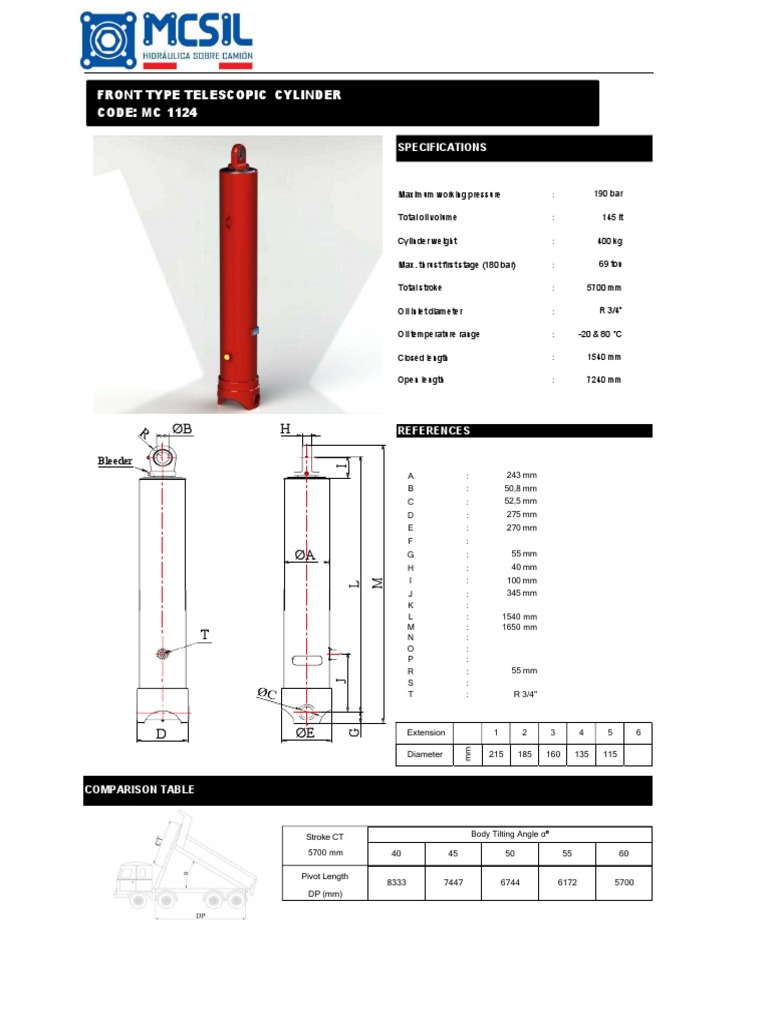 Front Type Telescopic Cylinder CODE: MC 1124: Specifications | PDF ...