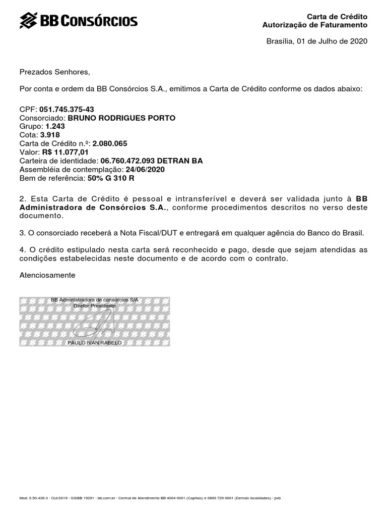 Carta de Crédito para Veículos BB | PDF | Crédito | Finanças e ...