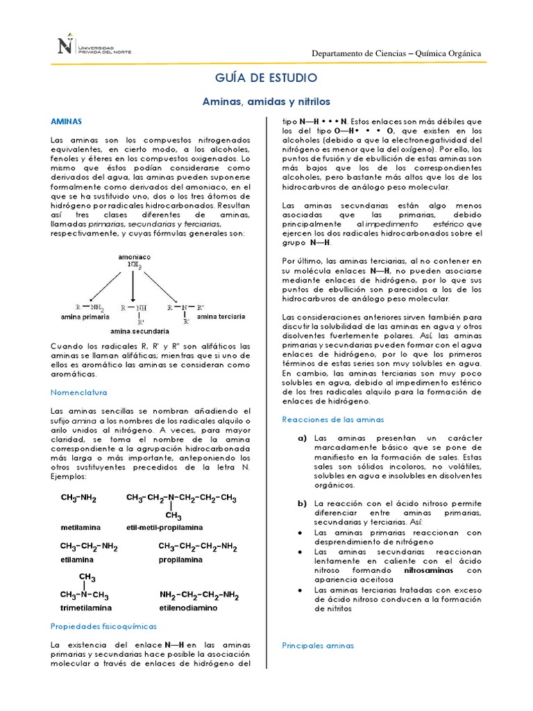 Guía de estudio sobre aminas, amidas y nitrilos: propiedades ...