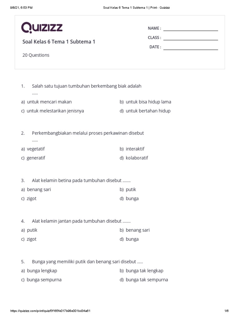 Soal Kelas 6 Tema 1 Subtema 1 - Print - Quizizz | PDF