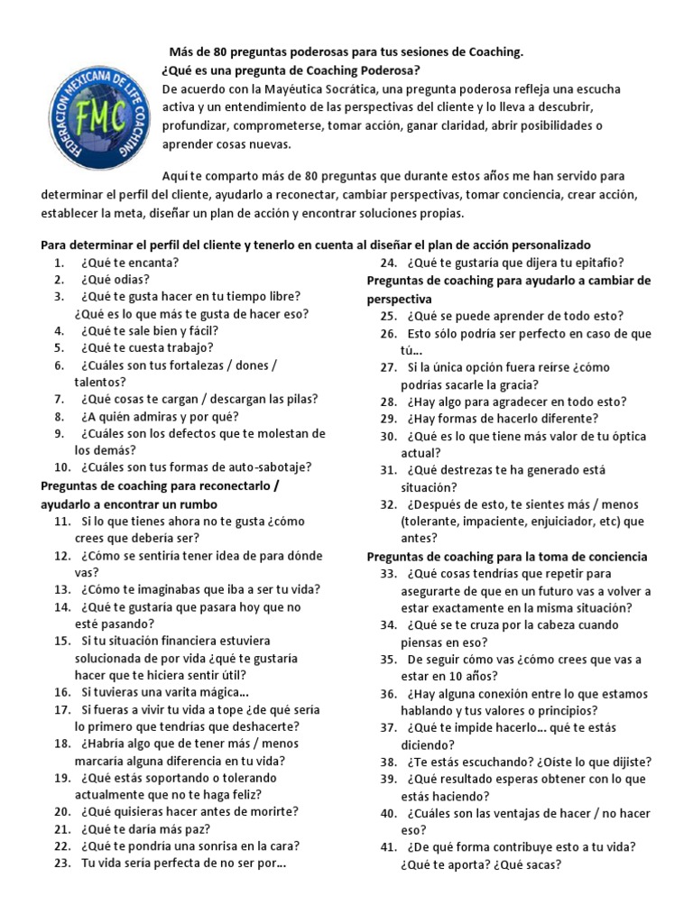 Más de 80 Preguntas Poderosas para Tus Sesiones de Coaching | PDF