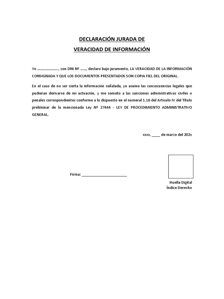 Declaración Jurada de Veracidad de Información | PDF